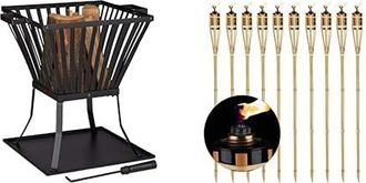 Relaxdays Feuerkorb XL mit Sch&uuml;rhaken, Terrasse u. Garten Feuerschale mit Unterlage, f&uuml;r Holz, HBT 56x56,5x45cm, schwarz & 10er Set Gartenfackeln, &Ouml;lfackeln aus