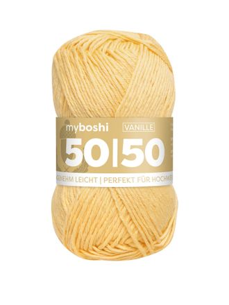 myboshi 50/50-Ganzjahres-Wolle aus Baum- und Merinowolle, f&uuml;r Oberbekleidung geeignet, Mulesing-frei, hochwertiges H&auml;kel-/Strickgarn, 50g, Ll 110m Gelb (Vanil