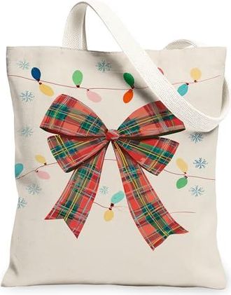 Generic Sacs fourre-tout en toile avec noeud de No&euml;l, motif ruban de vacances, sacs d&eacute;picerie r&eacute;utilisables, vintage, l&eacute;gers, lavables, beige, 13x15 Inch