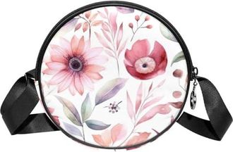 Generic Petit sac &agrave; bandouli&egrave;re circulaire pour femme, motif feuilles florales, sac &agrave; dos avec fermeture &eacute;clair, bretelles r&eacute;glables, sac &agrave; main rond d&eacute;contra