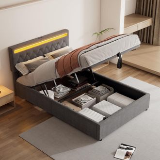 Myboo Polsterbett 140x200, LED Doppelbett mit USB Typ C Anschluss&Gro&szlig;er Stauraum, Bett Hydraulisch Stauraumbett Funktionsbett R&uuml;ckenlehne Bettgestell Jugen