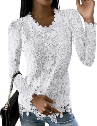 Generic T-shirt en dentelle &agrave; manches longues pour femme - &Eacute;l&eacute;gant - Manches longues - Broderie - Haut en dentelle avec fleurs - Tunique de vacances - D&eacute;contr