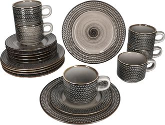 Mäser Mäser Prospero 18tlg Kaffeeservice I braunes Porzellan-Geschirr mit Relief für 6 Personen I Je 6x Tassen 190ml, Untertassen & Teller für Frühstück & K