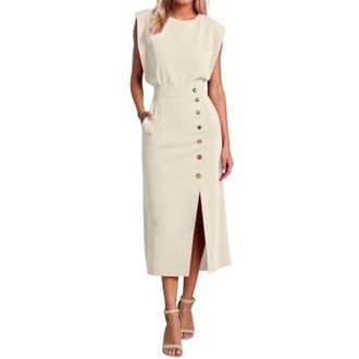Generic Robe d&eacute;t&eacute; d&eacute;contract&eacute;e pour femme - Col en V - Coupe ajust&eacute;e - Fente lat&eacute;rale - Bouton en m&eacute;tal - &Eacute;l&eacute;gante robe midi, Jaune clair., XXL