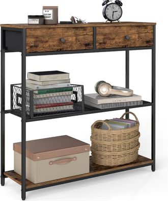 Vasagle Konsolentisch schmal, Beistelltisch mit 2 Stoffschubladen, Flurtisch, 24 x 76 x 80 cm, f&uuml;r Flur, Wohnzimmer, vintagebraun-tintenschwarz LNT092K01