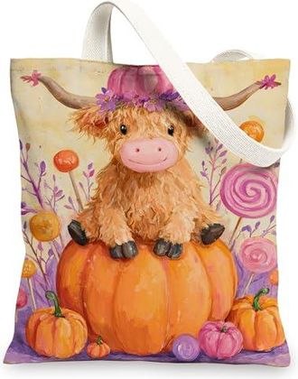 Generic Sacs fourre-tout en toile de vache mignonne, motif animal de la ferme, sacs dépicerie réutilisables, colorés, légers et lavables, sacs en toile pour l