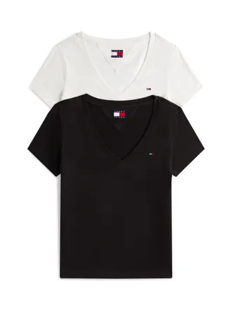 Tommy Jeans T-Shirt TOMMY JEANS TJW 2PACK V-NECK TEE, Damen, Gr. XS (34), beige (ecru, schwarz), Jersey, Obermaterial: 100% Baumwolle, unifarben, regular fit h&uuml;ft