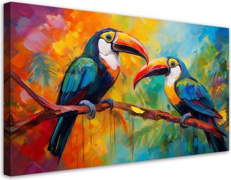 Feeby Leinwand Bilder - Bild Wohnzimmer - Tukan Bunte tropische Vögel - 120x60 1tlg - Deko Schlafzimmer Groß - Dekoration Canvas - Gemälde - Modern Wandbild