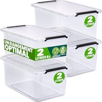 Deuba 4x Bo&icirc;te de rangement 2L en plastique transparent empilable sans BPA gain de place caisse de rangement organiseur