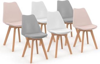 IDMarket Lot de 6 chaises scandinaves SARA Mix Color Pastel Rose x2, Gris Clair x2 et Blanc x2