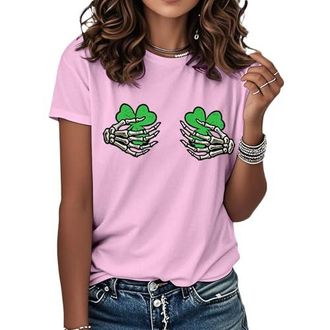 Generic T-shirts pour la Saint-Patrick pour femmes - Trèfle squelette - T-shirts décontractés à col rond pour lété - pour les voyages, rose clair, XXL