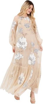 Maya Womens Maxi Dress Ladies Long Sleeve Boat Neck Sheer Tulle Floral Sequin Embellished Trapeze Evening Prom Ball Gown, Champagne 42