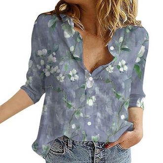 Generic Haut &agrave; manches longues &agrave; col en V pour femme - Chemisiers floraux &agrave; manches longues - Blouses et chemises de plage, hauts de vacances, hauts basiques 