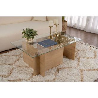 Calicosy Calicosy - Table Basse Verre Fixe Gigogne Rectangulaire Bois en Chêne 105x65x40 cm Pour Salon ou Bureau
