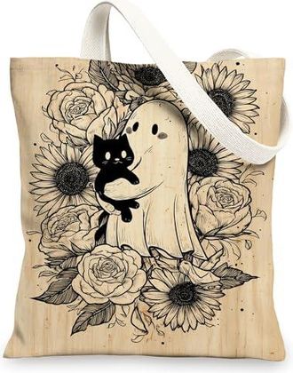 Generic Sacs fourre-tout en toile motif fantôme et chat, sacs de courses réutilisables, sacs de courses vintage, légers et lavables pour voyage, plage, pique-