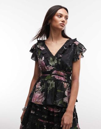 AllSaints Canto - Gerafftes Oberteil in Schwarz mit auff&auml;lligem Spitzenmuster und Blumenmuster, Kombiteil