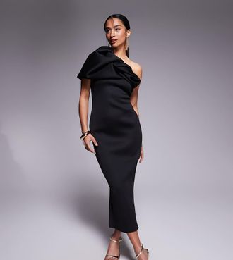 Asos Petite ASOS DESIGN Petite - Tr&auml;gerloses strukturiertes Midikleid aus neoprenartigem Material in Schwarz mit Puff&auml;rmeln