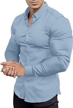 Generic Chemises musculaires pour homme - Grande taille - Chemise &agrave; manches longues boutonn&eacute;e - Col standard - T-shirt de gym formel uni urbain &eacute;l&eacute;gant - T-sh