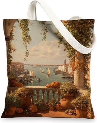 Generic Sacs fourre-tout en toile de paysage réutilisables, légers et lavables avec bandoulière pour salle de sport, voyage, plage, pique-nique, 33 x 38 cm