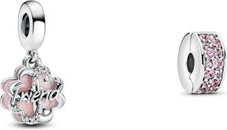 Pandora Vierblättriges Kleeblatt Freundschaft Doppelter Charm-Anhänger aus Sterling Silber und Emaille - Kompatibel Moments Armbänder Rosafarbener Pavé-Glanz 