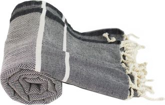 Mitienda Fouta Hamamtuch 200x100 Baumwolle grau beige Fransen, Saunatuch Badetuch saugstark