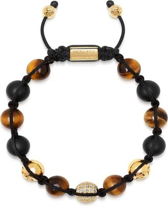 Nialaya Homme, Accessoires, Jaune, Taille: L Mens Beaded Bracelet with Gold, CZ Diamond, Matte Onyx, and Brown Tiger Eye