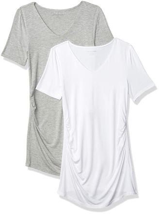 Amazon Essentials Damen Kurzärmeliges Umstands-T-Shirt mit V-Ausschnitt und Raffung, 2er-Pack, Hellgrau Meliert/Weiß, S