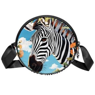 Generic Petit sac &agrave; bandouli&egrave;re rond pour femme, motif z&eacute;br&eacute; avec fermeture &eacute;clair, bretelles r&eacute;glables, sac &agrave; main rond d&eacute;contract&eacute; pour femmes et filles