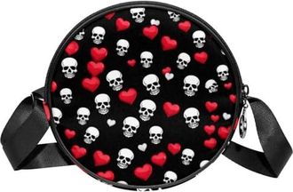 Generic Petit sac &agrave; bandouli&egrave;re circulaire pour femme, motif cr&acirc;nes, fleurs, petit sac &agrave; bandouli&egrave;re avec fermeture &eacute;clair, bretelles r&eacute;glables, sac &agrave; main ro