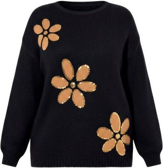 Miamoda Strickpullover Pullover Loose Fit Pailletten-Bl&uuml;ten