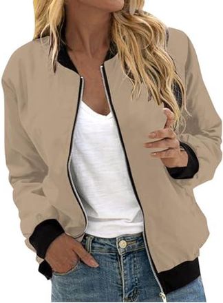 Minetom Veste Femme Blouson Printemps Été Léger Bomber Veste Outwear Manches Longues Zippé Jacket Casual Sport Manteau A Kaki XL