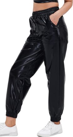 Feoya Gl&auml;nzende Metallic Jogger Hose Damen 80er 90er Jahre Glitzer Jogginghose Holografische Hip Hop Club Streethose Schwarz XXL