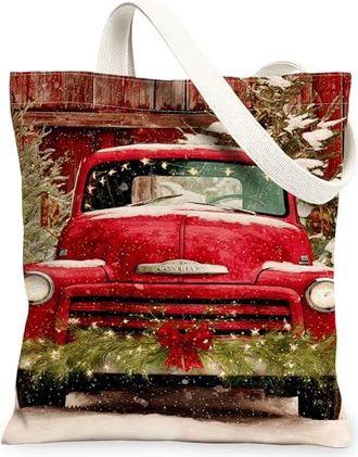 Generic Sacs fourre-tout en toile vintage de No&euml;l, motif camion rouge rustique, sacs d&eacute;picerie r&eacute;utilisables, en toile l&eacute;g&egrave;re et lavable pour lhiver, Rouge, 1