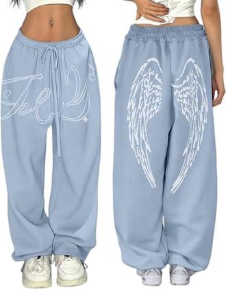 ORANDESIGNE Jogging Femme Pantalon Survetement de Danse &agrave; Jambes Larges Taille Haute avec Cordon de Serrage Sportswear B Bleu Clair XS