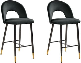 Beliani Barstuhl 2er Set Schwarz Samtstoff mit Schwarz-Goldenen Metallbeinen Fu&szlig;st&uuml;tze Glamour&ouml;ser Look Modern Esszimer Wohnzimmer K&uuml;che Sitzm&ouml;bel