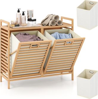 Giantex W&auml;schekorb 75L, W&auml;schesammler 2 F&auml;cher, W&auml;schesortierer mit 2 abnehmbaren W&auml;sches&auml;cken, W&auml;scheschrank asu Bambus, f&uuml;r W&auml;scheraum & Badezimmer (80 x 30