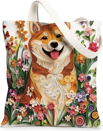Generic Sac fourre-tout en toile r&eacute;utilisable pour le shopping Motif chien Shiba Inu 33 x 38 cm