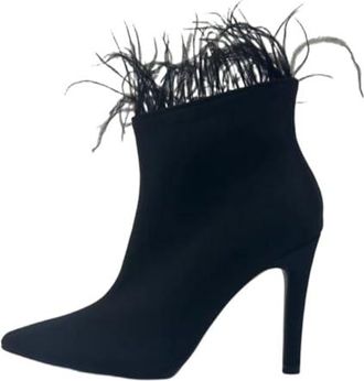Generic Bottines à talons aiguilles à bout pointu pour femme avec bordure en fausse fourrure et fermeture éclair latérale pour fête de mariage, Noir, 39.5 EU