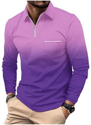 Generic Polo &agrave; manches longues pour homme Patchwork Revers T-shirt d&eacute;contract&eacute; Chemises de vacances Tops, lilas, XXL