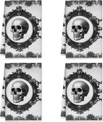 Generic Küchentücher mit Totenkopf-Muster, Gothic, Barock, verzierte Bordüre, schwarz, weiß, schwarz, wiederverwendbar, für Urlaub, Küche, Dekoration, 40,6 x 