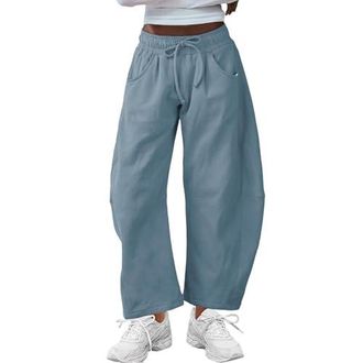 Generic Pantalon de survêtement pour femme avec cordon de serrage et taille élastique, pantalon Palazzo décontracté en coton avec poches, bleu, XXL