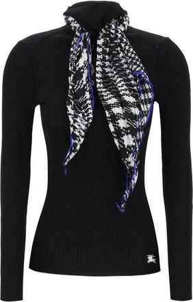 Burberry Femme, Pulls, Noir, Taille: 38 FR Pull en maille c&ocirc;tel&eacute;e &agrave; manches longues avec d&eacute;tail &eacute;charpe imprim&eacute;e