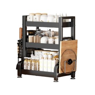 Generic Gewürzregal mit Haken und Besteckbehälter, freistehendes 3-stöckiges Küchenregal aus Kohlenstoffstahl, geeignet for Familien mit begrenztem Platz(30cm