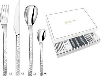 Bloomingdale's M&eacute;nag&egrave;re 24 couverts de table en coffret pour 6 personnes - PixElle 3D - Acier inoxydable 18/10, Finition Miroir, Epaisseur 2.5 mm - Inox