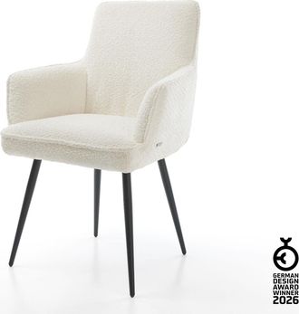 DELIFE Esszimmerstuhl Heira-Flex mit Armlehnen Boucl&eacute; Wei&szlig; 4-Fu&szlig; konisch Schwarz Taschenfederkern, Esszimmerst&uuml;hle