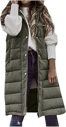 Generic Gilet bouffant long et léger sans manches matelassé pour femme, veste dextérieur décontractée à capuche avec fermeture éclair, manteaux dhiver chauds,