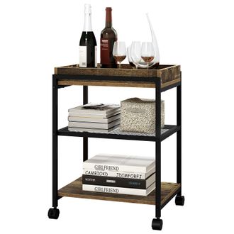 Woltu Beistelltisch Couchtisch Sofatisch Nachttisch, mit Rollen, feststellbar, 3 Ablagen 1 abnehmbares Tablett, aus Metall und Holzwerkstoff, Vintage-Holzop