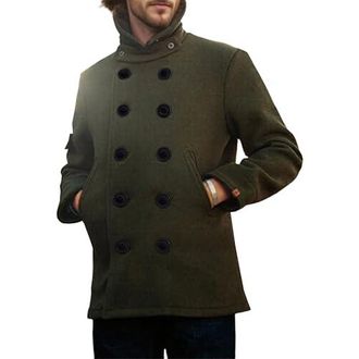 Generic Manteau classique fin &agrave; double boutonnage pour homme Col crant&eacute; Coupe-vent Trench en laine m&eacute;lang&eacute;e, Vert, XL