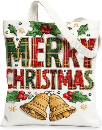 Generic Sacs fourre-tout en toile de No&euml;l, motif cloches de vacances et houx, sacs d&eacute;picerie r&eacute;utilisables, vintage, l&eacute;gers, lavables, blanc, 13x15 Inch