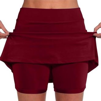 Generic Jupe taille moyenne pour femme avec poches et deux jupes courtes, bordeaux, L
